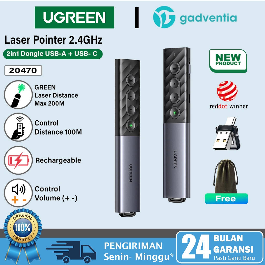 Jual UGREEN Wireless Presenter Presentasi Remote Pointer Dual Conection Rechargable Laser Green ...