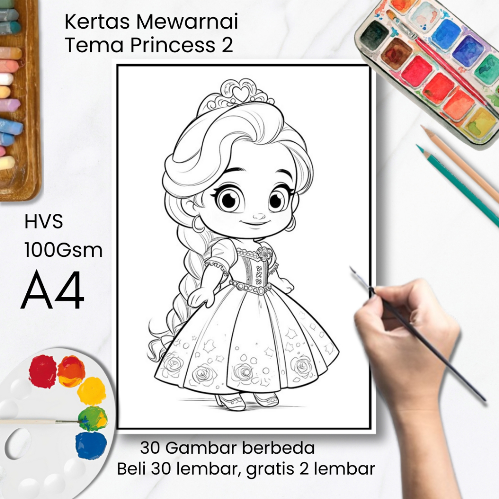 Jual 30 Lembar Kertas Gambar Mewarnai Anak Tema Princess 2 A4 - Media Belajar Kreatif Anak TK ...