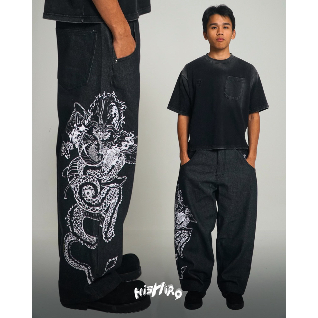 Jual Kaido Raw Denim Baggy Pants (Wide Leg Baggy Raw Denim Black Jeans ...
