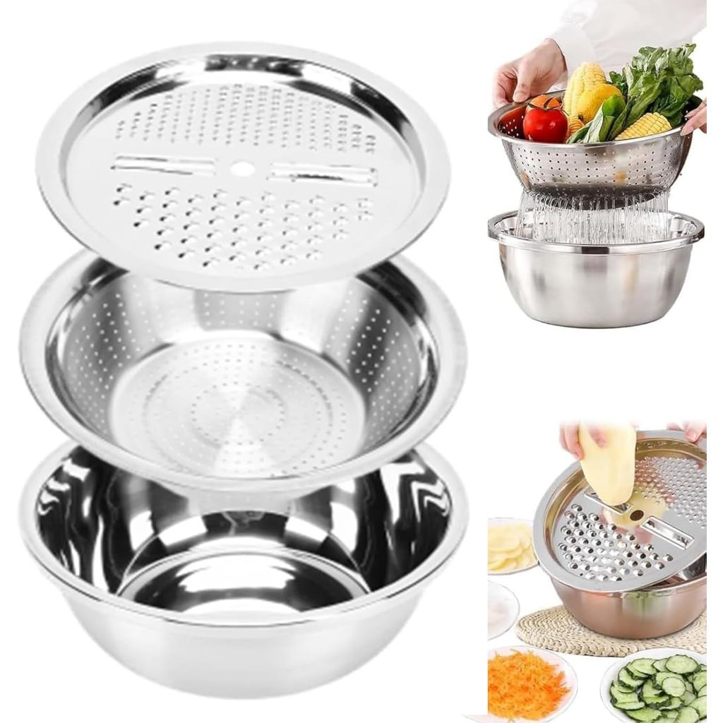 Jual 3IN1 Parutan Baskom Stainless Steel 26CM || Pemarut Peniris Baskom ...