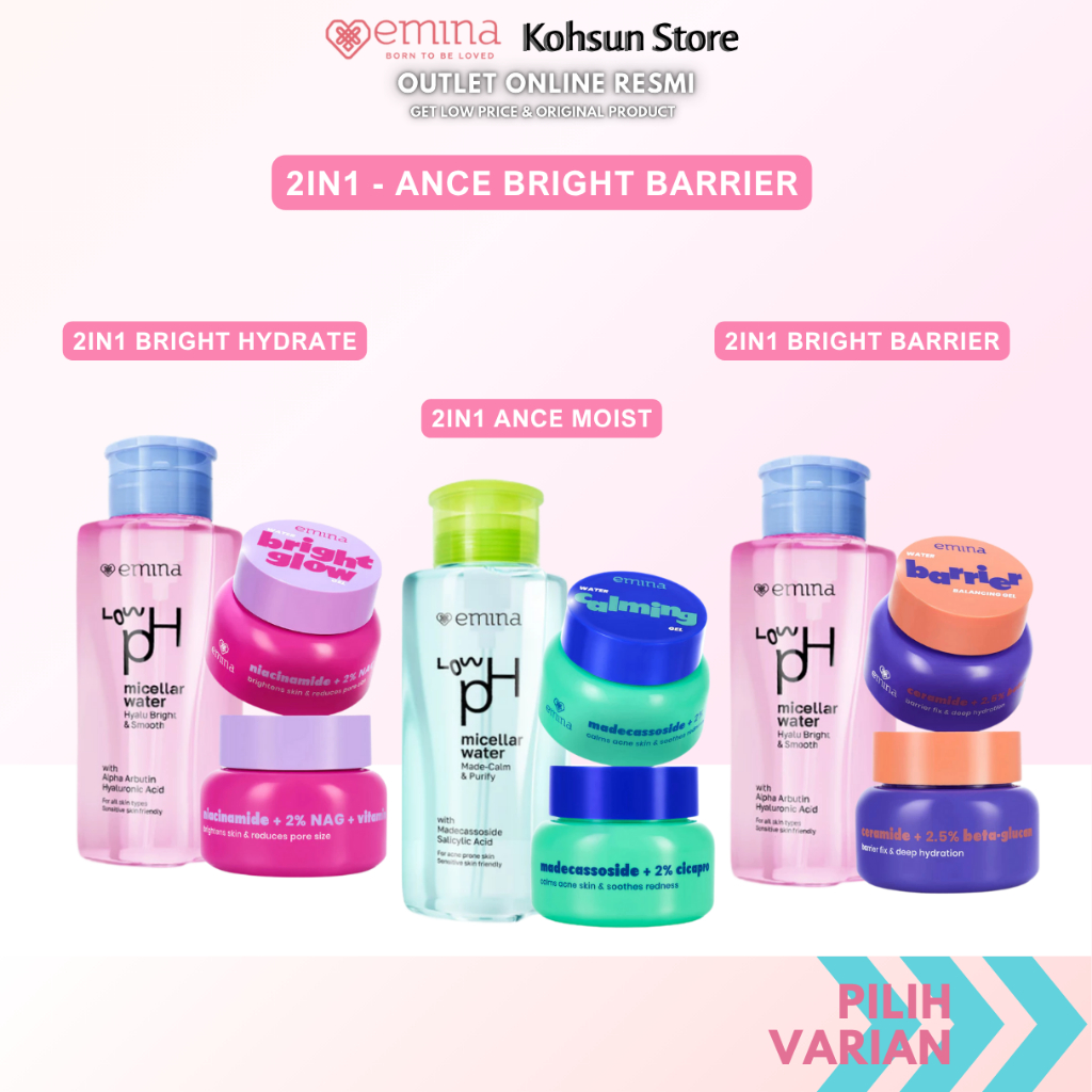Jual Paket 2in1 Emina Low pH Micellar Water & Moisturizer, untuk Kulit ...