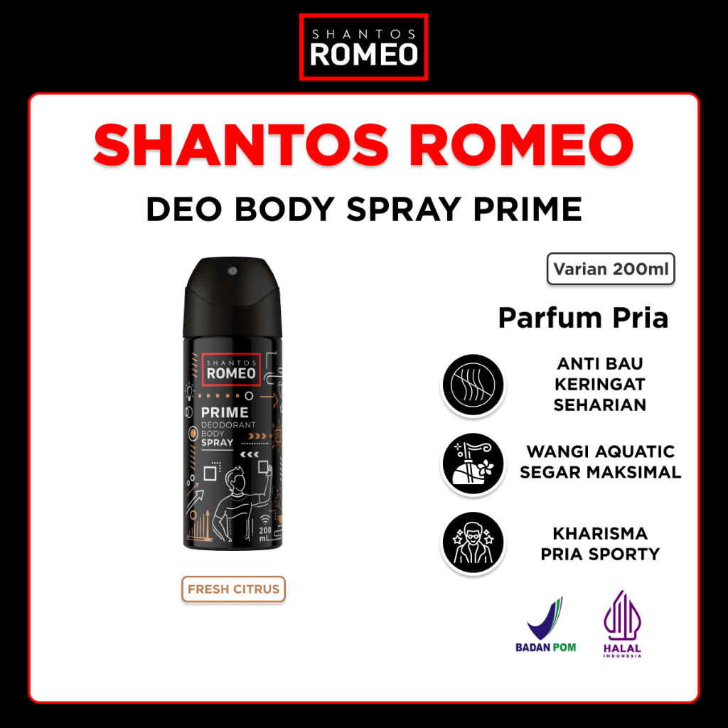 Jual Shantos Romeo Deodorant Spray Prime 200ml - Deo Deodoran Spray Tahan Lama, Penghilang Bau ...