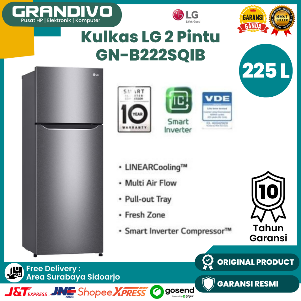 Jual Kulkas 2 Pintu LG Smart Inverter 225 Liter GN B222SQIB Tanpa Bunga ...