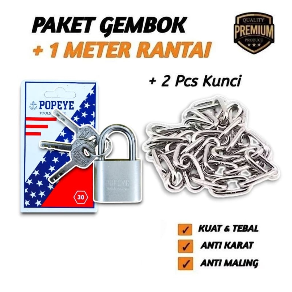 Jual PROMO PAKET Gembok 30mm Panjang HKV/GRT + 1 Meter Rantai Kapal 1/8 ...