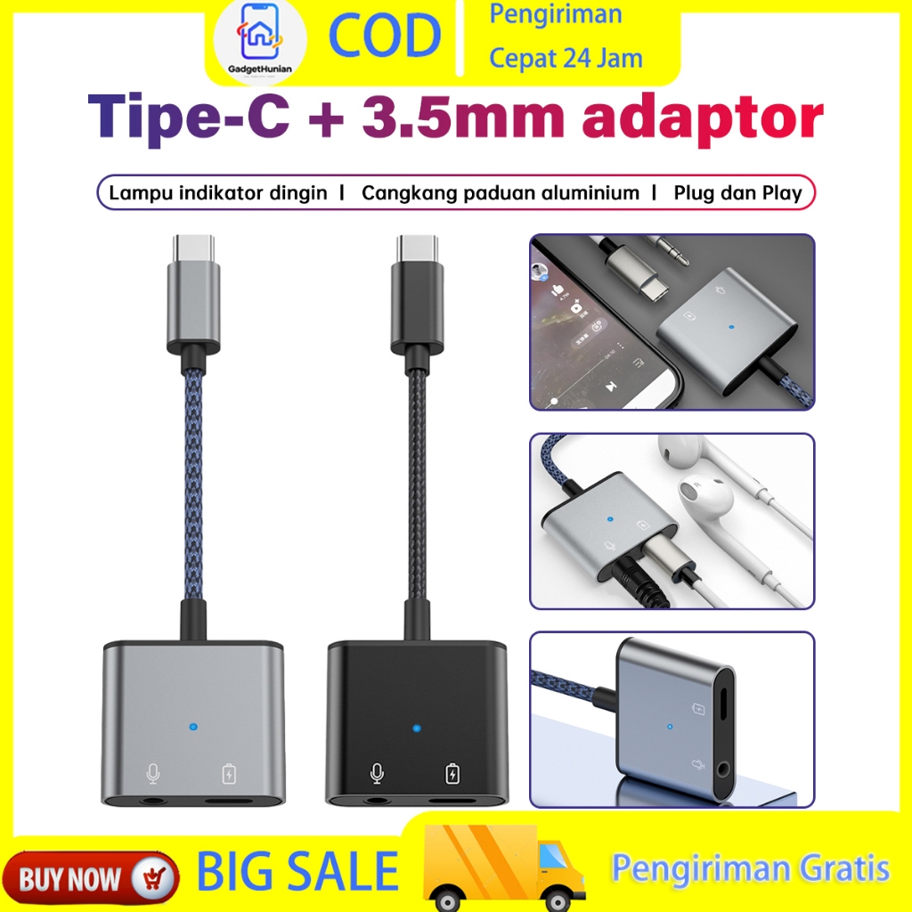 Jual [COD]Tipe -C+3.5MM Audio Headset 2-in-1 Konverter Ponsel Daya 60 ...