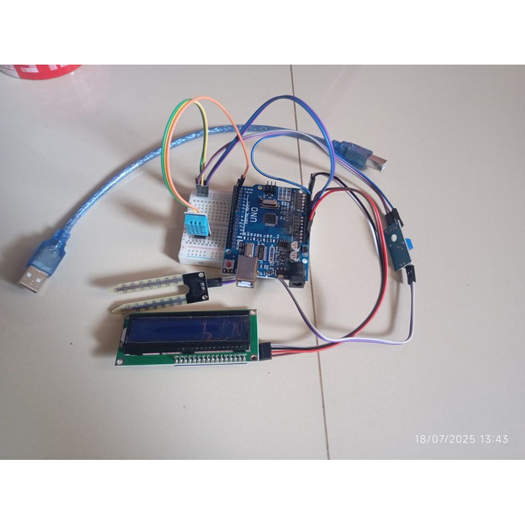 Jual sistem monitoring suhu udara dam kelembaban tanah menggunakan Arduino uno sensor dht11 soil ...