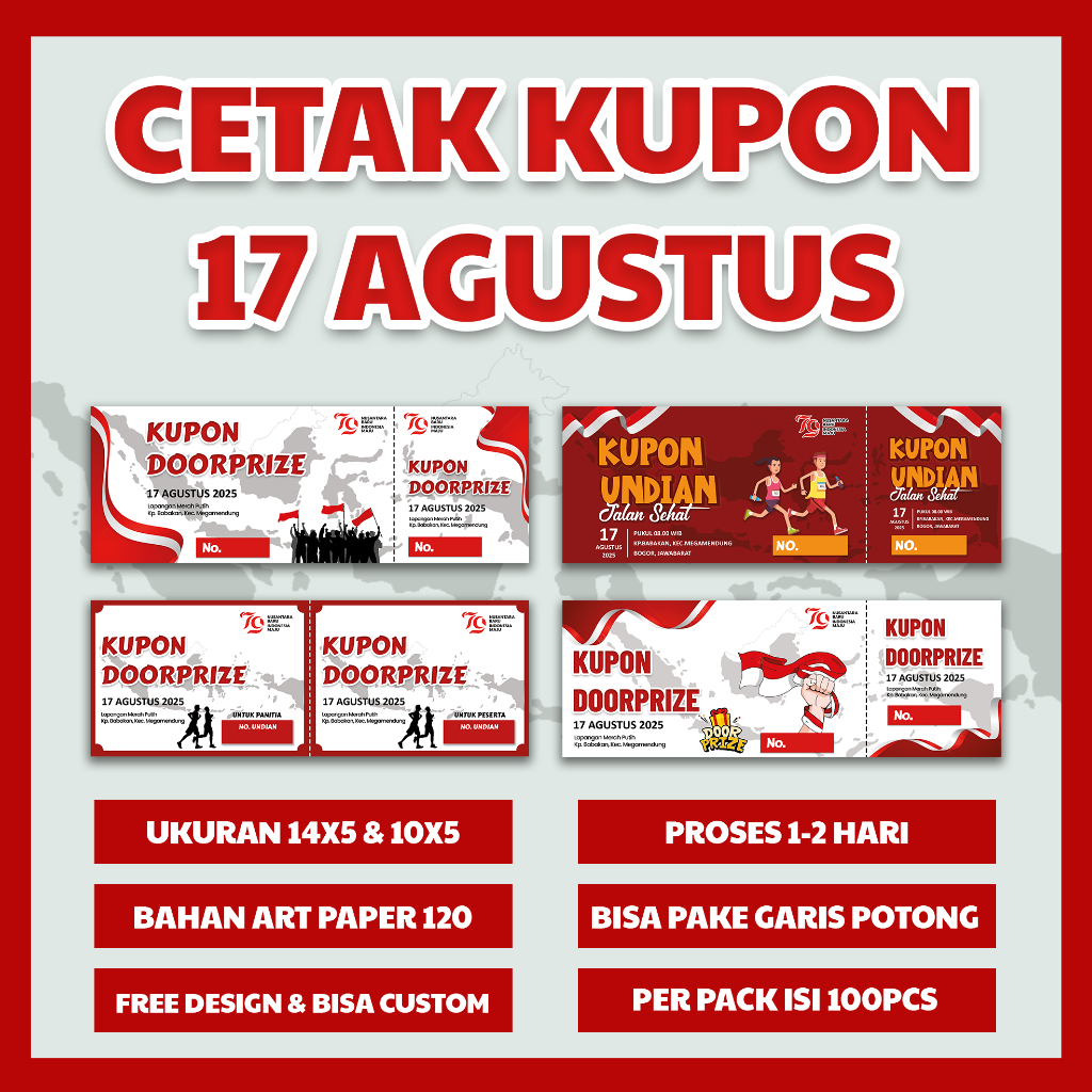 Jual Cetak Kupon 17 Agustusan, Kupon Doorprize, Kupon jalan sehat isi 100pcs termurahhh (Free ...