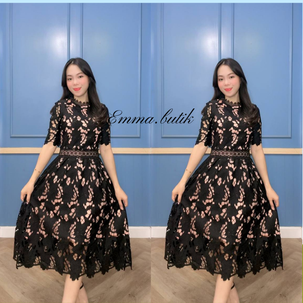 Jual Emma.butik E00551 Gaun Brukat Wanita Mewah Dress Hitam Elegan Gaun ...