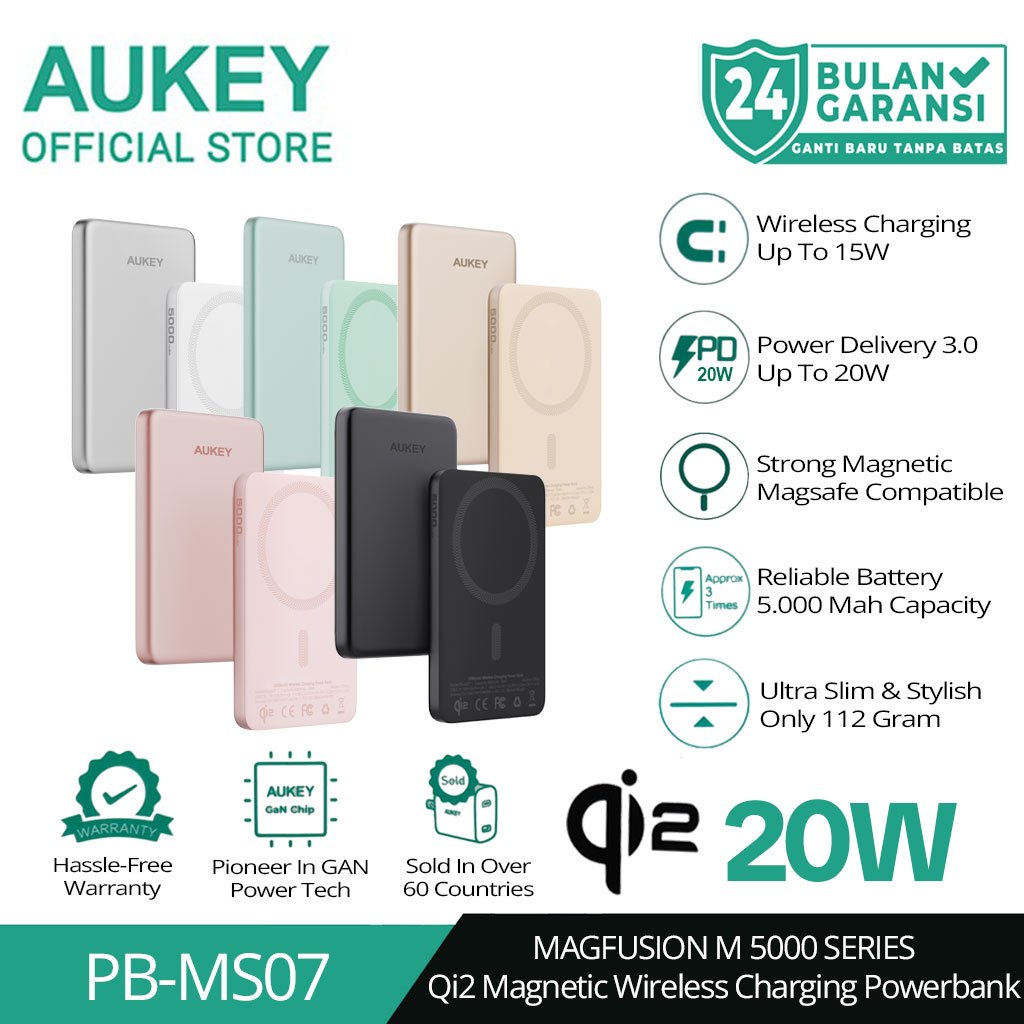 Jual AUKEY Qi2 Powerbank Magsafe 5000 / 10000 mah USB-C 20W PD Slim ...
