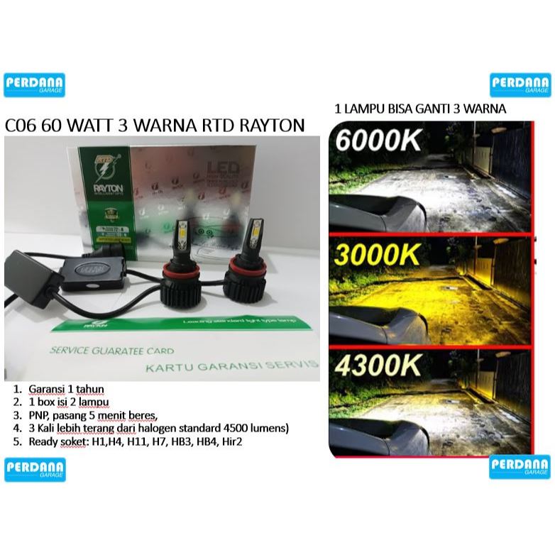 Jual Lampu Mobil LED C06 3 Warna 60 Watt RTD Rayton Tersedia Semua Soket 12-24V Garansi 1 tahun ...