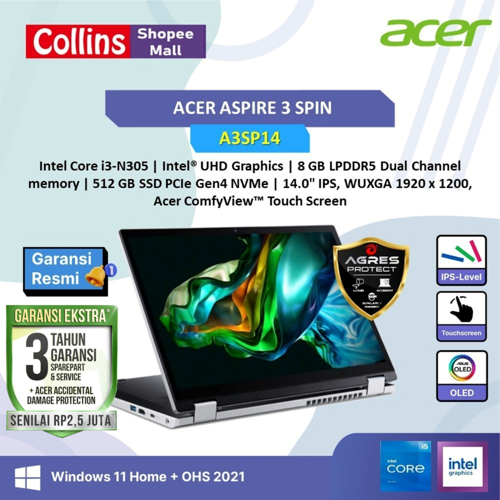 Jual ACER ASPIRE 3 SPIN A3SP14 37C1 TOUCH I3 N305 8CORE RAM 8GB / 512GB ...
