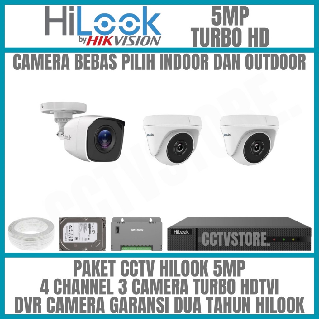 Jual Paket cctv hilook 5mp 4 channel 3 camera turbo hd kamera cctv ...