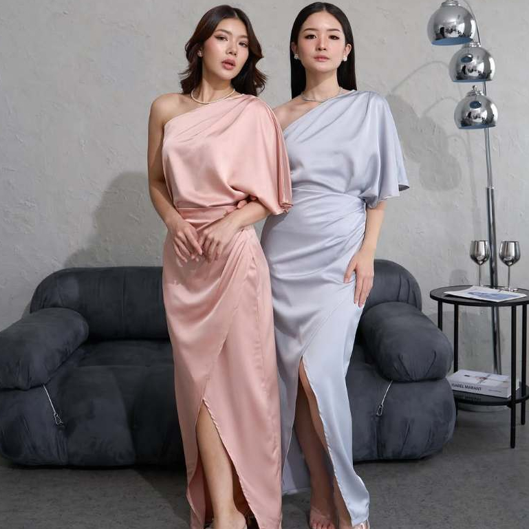 Jual BEA BRIDESMAID SET SATIN DRESS KOREA - ONE SHOULDER MAXI DRESS ...