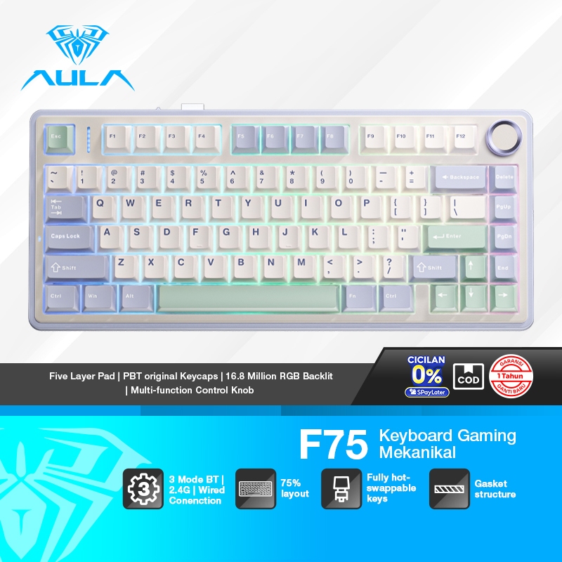 Jual AULA F75 Mechanical Keyboard Gaming75% | Snow Green, Tri-Mode, RGB ...