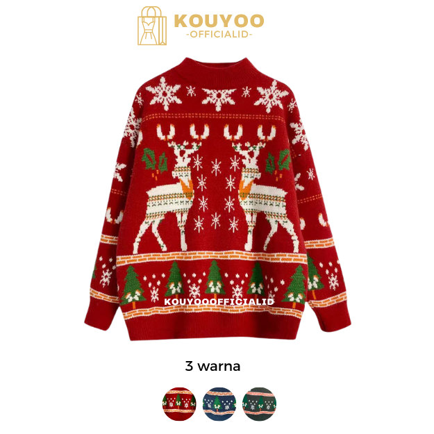 Jual KOUYOO Baju Natal Crew Neck Oversize Christmas Sweater Pola Rusa ...