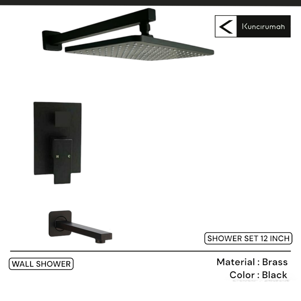 Jual Wall shower set hitam 12 inch kuningan Shower set Kran tanam ...