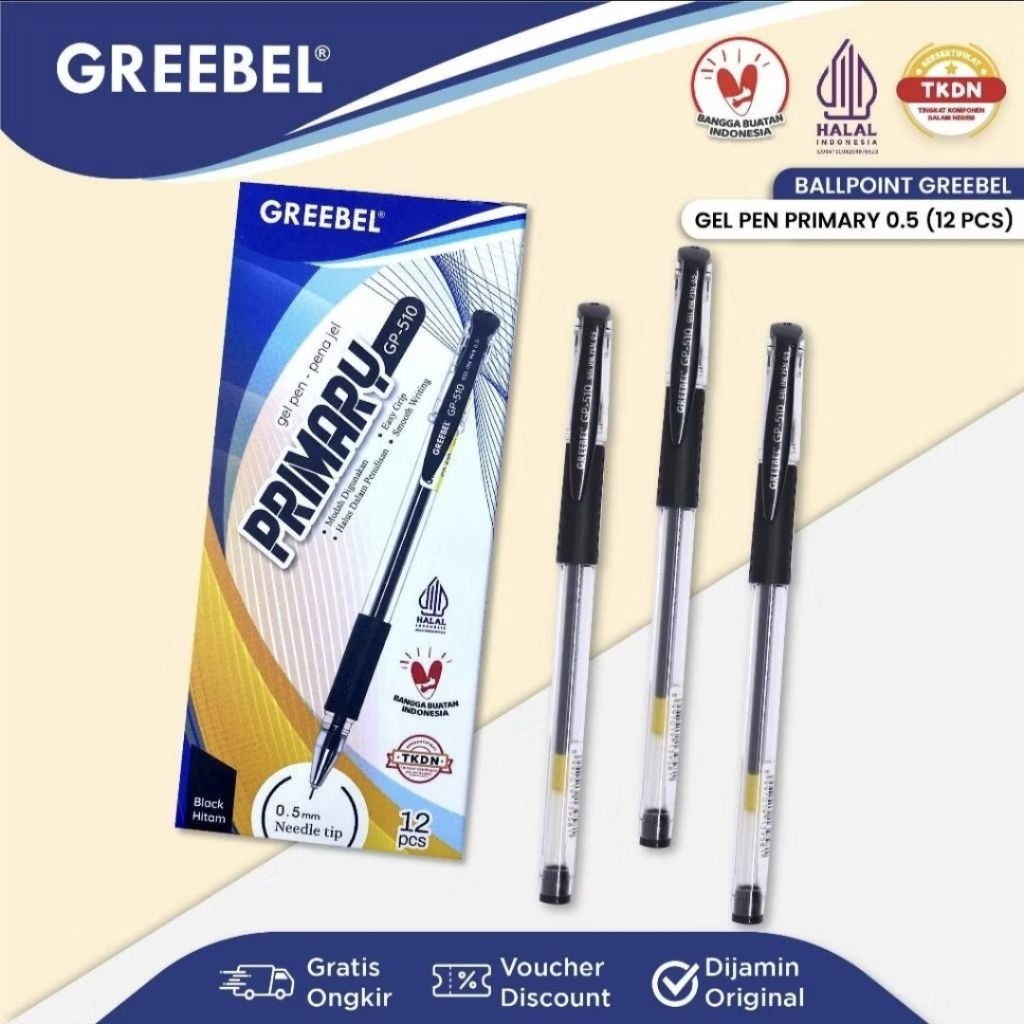 Jual GREEBEL GEL PEN GP-510 BLACK PRIMARY 0.5 / Ballpoin / Pulpen Gel Greebel (1 pack 12 pcs ...