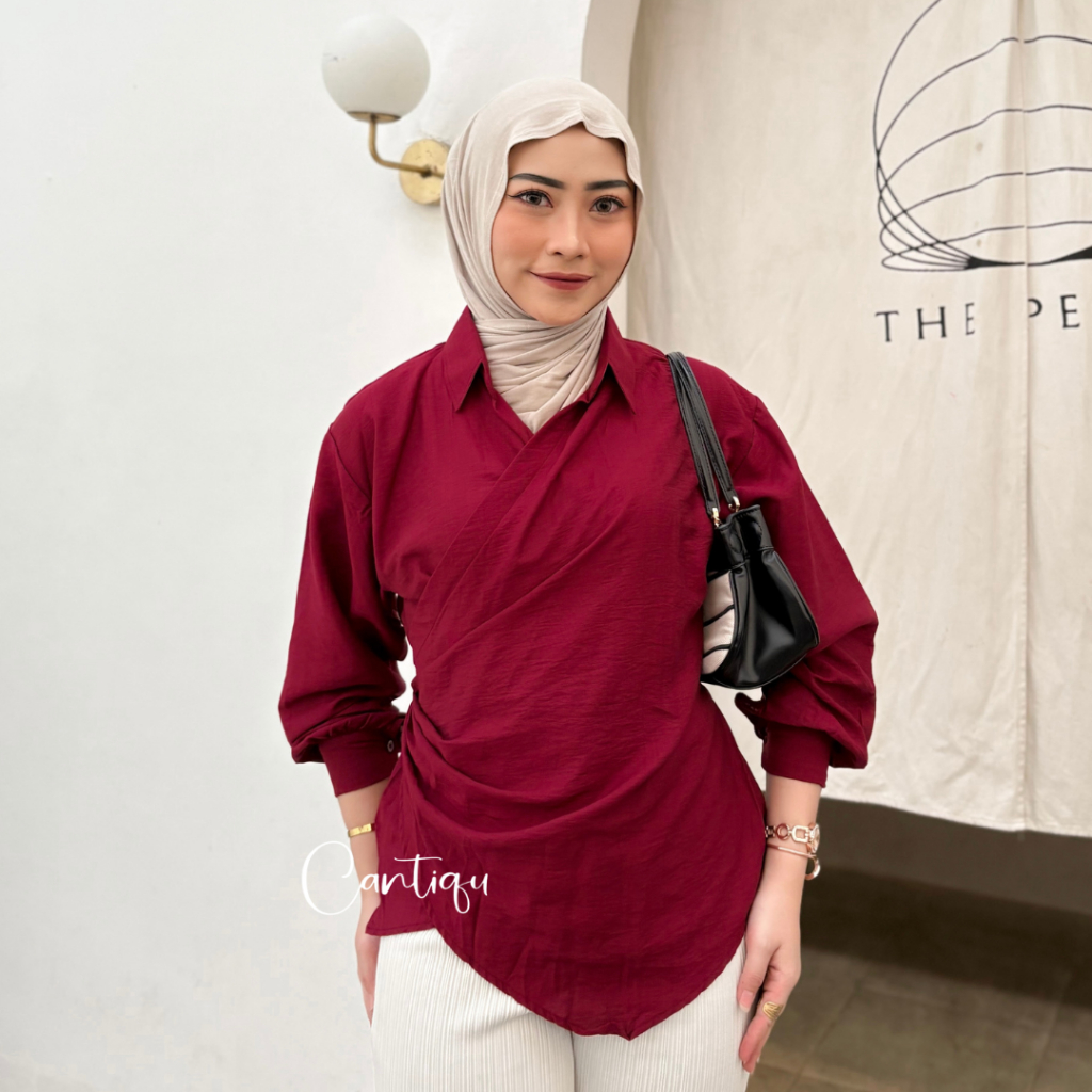 Jual Cantiqu - Blouse Ilonna Pololinen Kemeja Wanita Pleated Bahan Pololinen | Shopee Indonesia