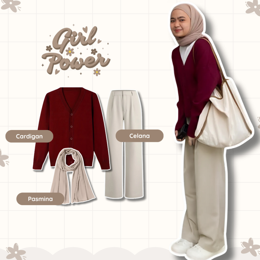 Jual Setelan Outfit Wanita 3in1 (Cardigan+Celana+Pasmina) OOTD Kuliah ...