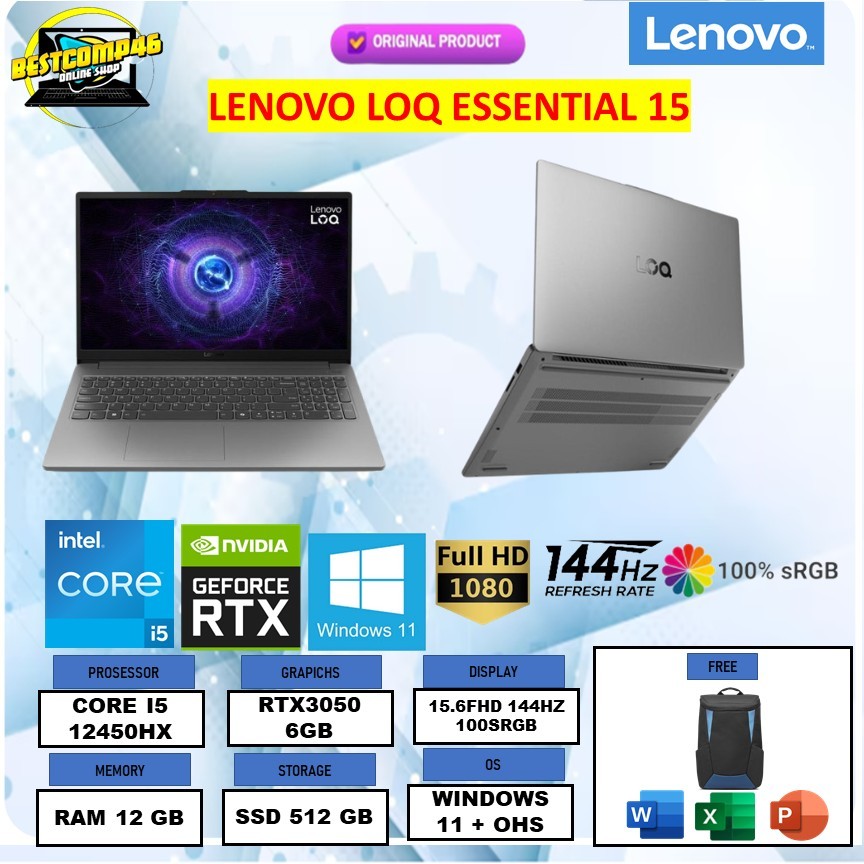 Jual LENOVO LOQ ESSENTIAL 15 I5 12450HX RTX3050 6GB RAM 12GB 512GB W11+OHS+M365B 15.6FHD 144HZ ...