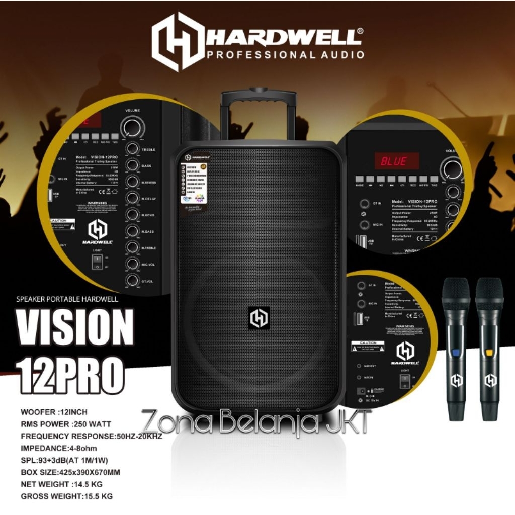 Jual SPEAKER PORTABLE HARDWELL VISION 12PRO 12 INCH 250 WATT USB BLUETOOTH 2 MIC WIRELESS ...