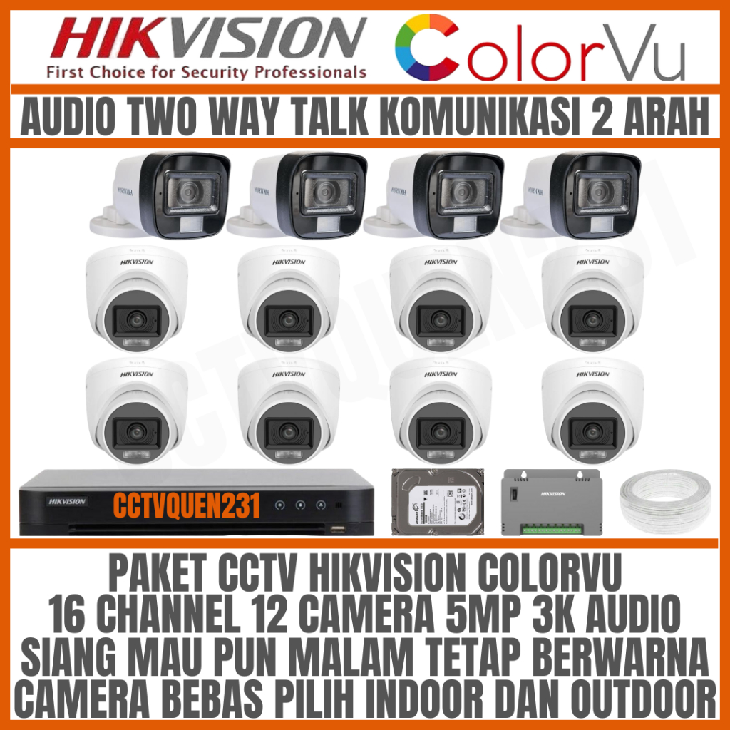 Jual PAKET CCTV HIKVISION COLORVU 5MP 16 CHANNEL 12 CAMERA AUDIO TWO ...