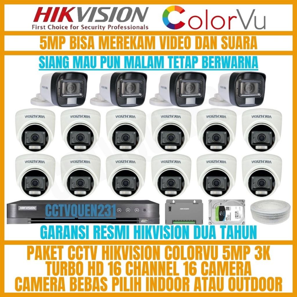 Jual PAKET CCTV HIKVISION COLORVU 5MP 16 CHANNEL 16 CAMERA TURBO HD 3K ...