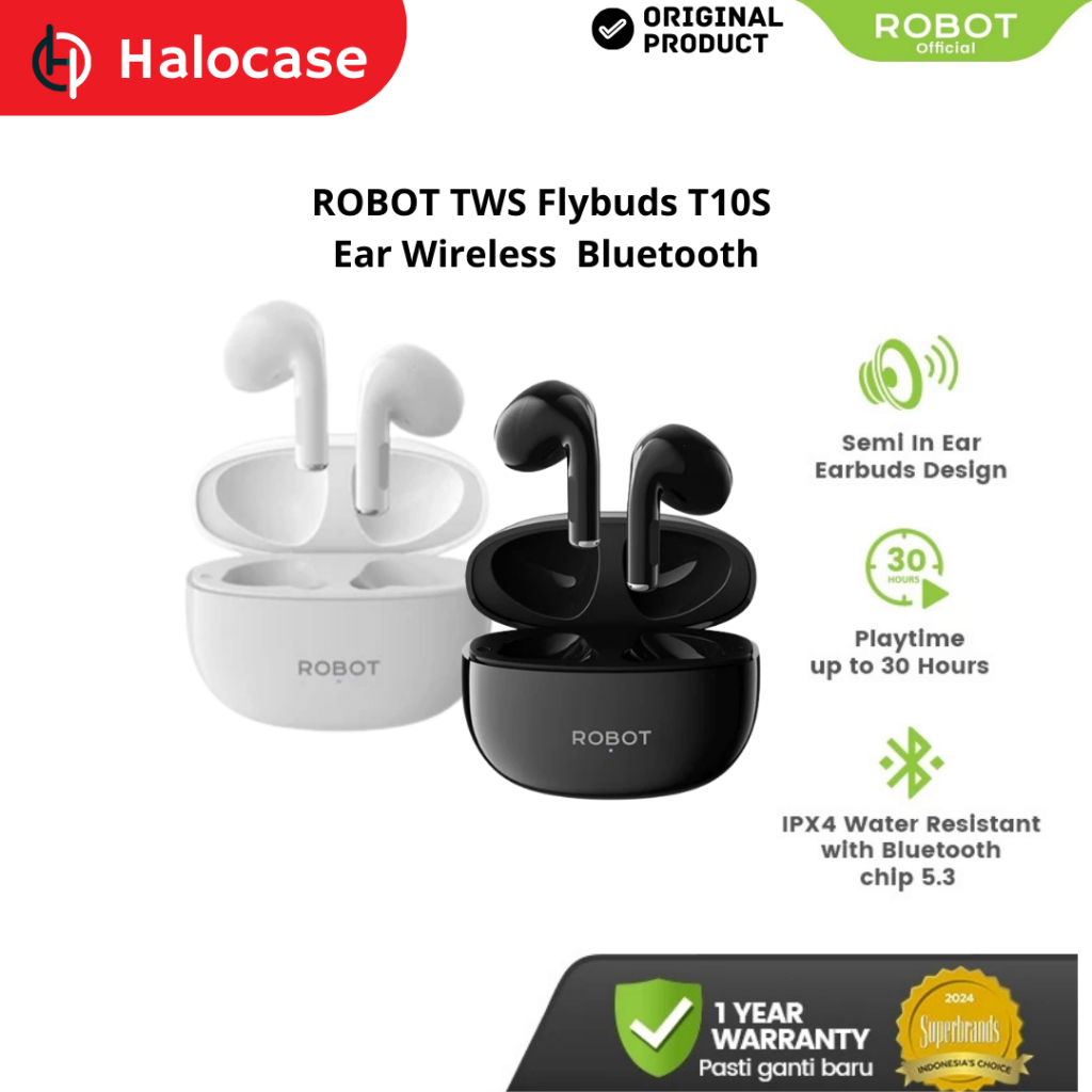 Jual ROBOT TWS Flybuds T10S Semi In Ear Wireless Earbuds Bluetooth 5.3 ...