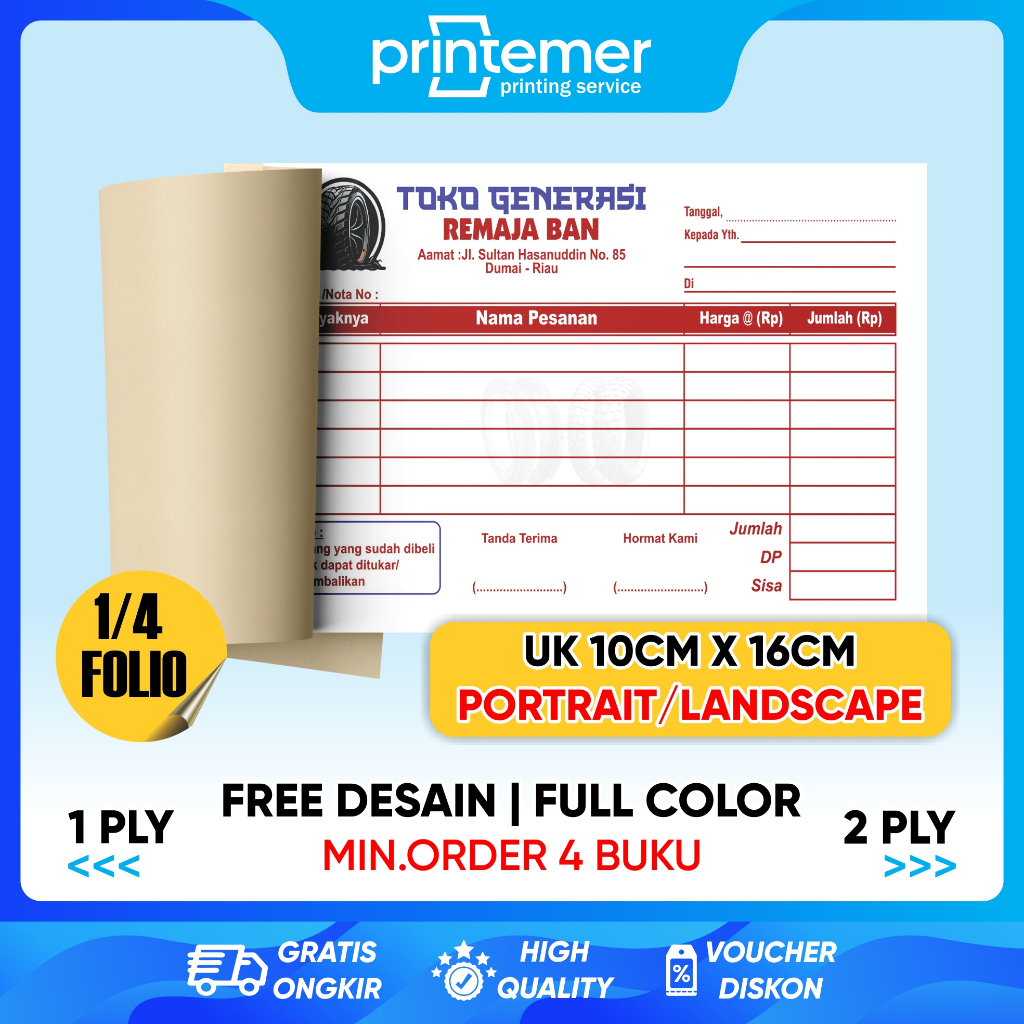 Jual Nota Toko Ban/Bengkel Custom Ukuran Standar 1/4 Folio 1 Ply dan 2 ...