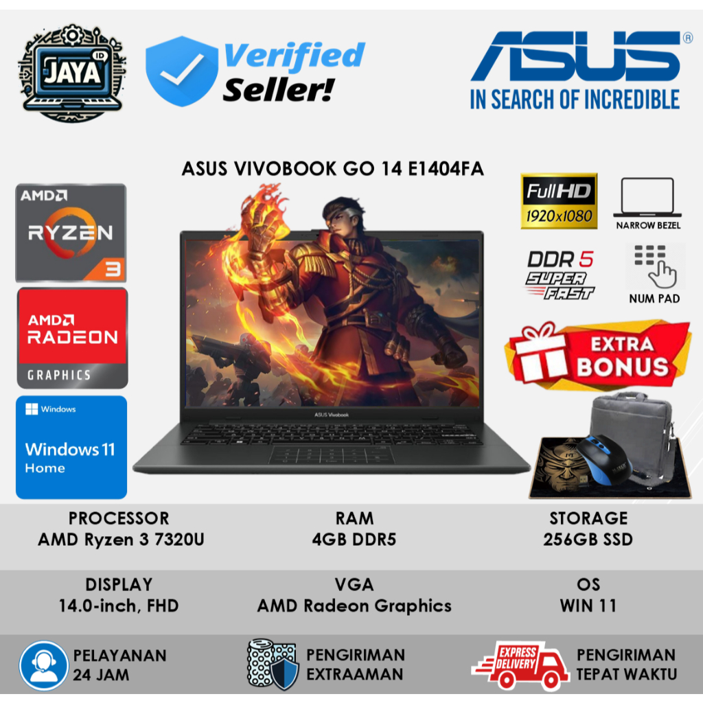 Jual Laptop Asus Vivobook Go 14 E1404FA AMD Ryzen 3 7320U 4GB DDR5 1TB SSD FHD Numpad Win11 ...