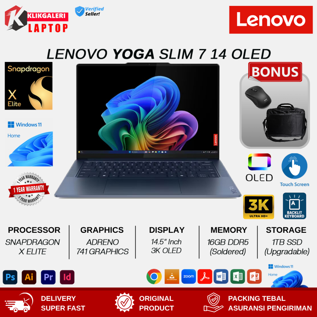 Jual Lenovo Yoga Slim 7 14 OLED Snapdragon x Elite X1E78100 16GB DDR5 ...