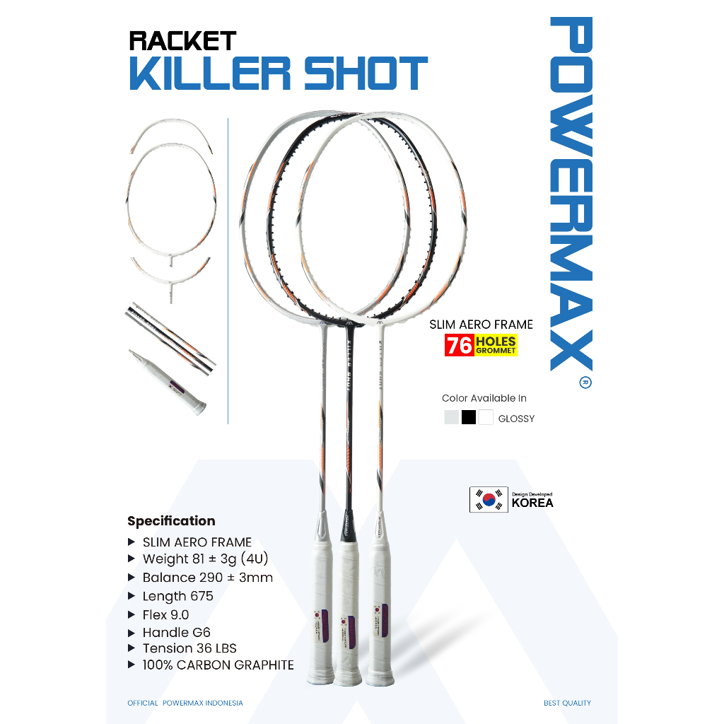 Jual POWERMAX Raket Badminton Killer Shot 4U 36 Lbs High Modulus Carbon ...