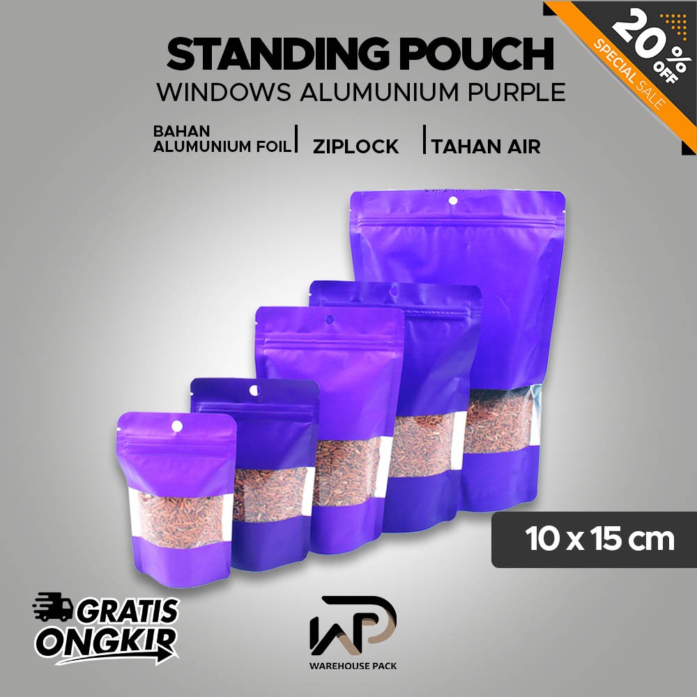 Jual ( 10 Pcs ) Standing Pouch Alumunium Windows Warna Ungu 10 x 15 cm ...