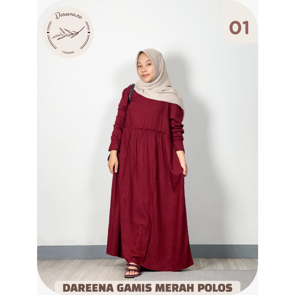 Jual Gamis Dress Lengan Panjang Wanita Model Polos Merah - Dareena ...