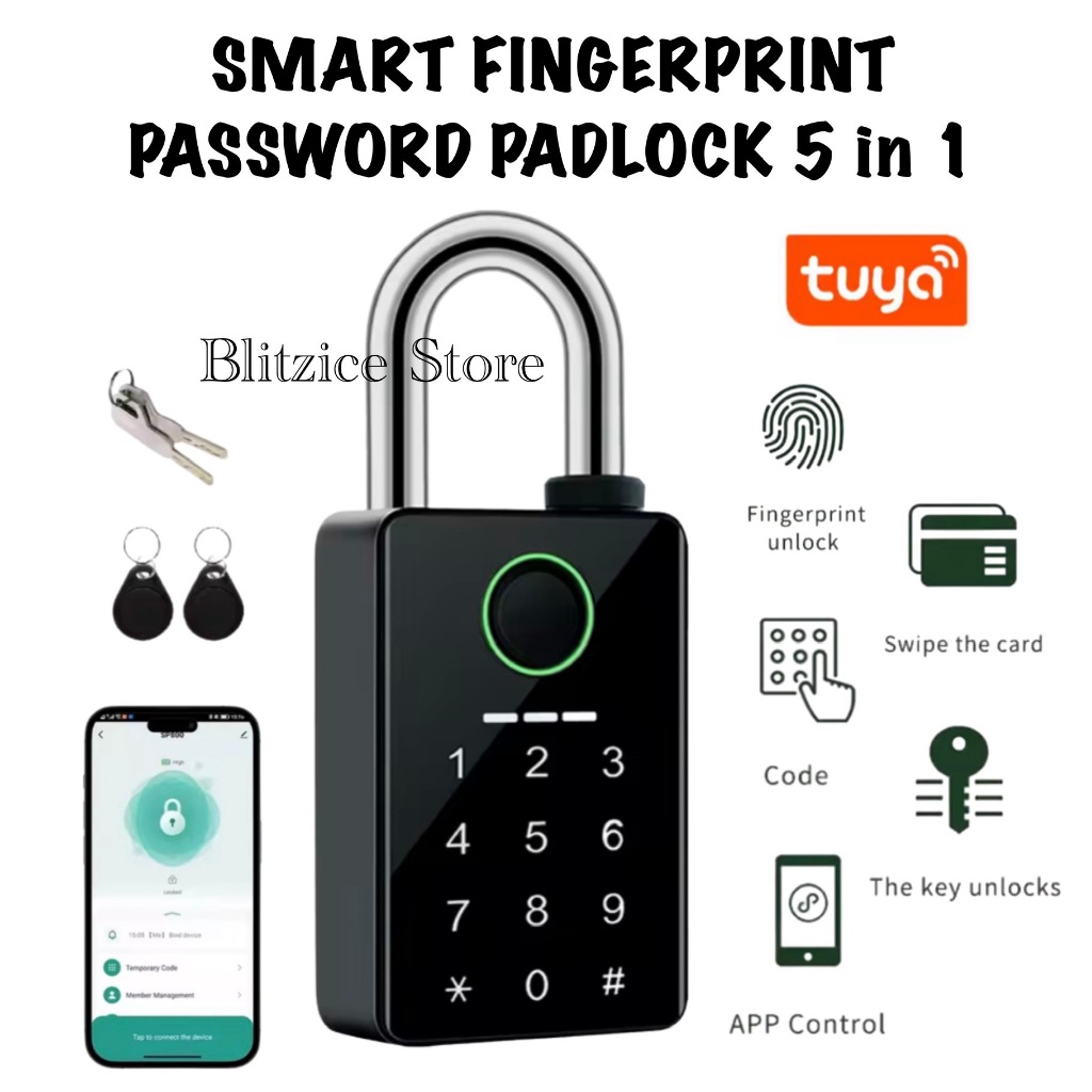 Jual Padlock Fingerprint Password Key Card App Bluetooth 5 in 1 Smart ...
