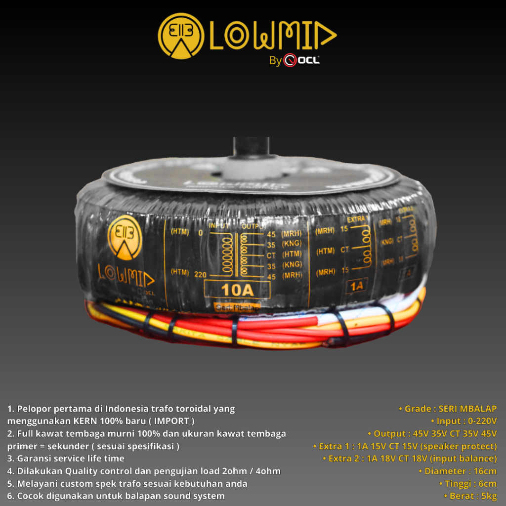 Jual Trafo toroid donat merek LOWMID BALAP 10A CT 45V 55V 65V 90V 110V ...