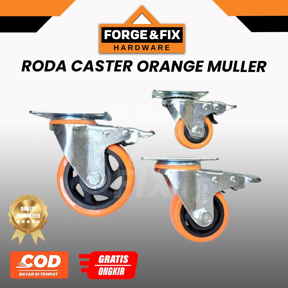 Jual MULLER Roda PU Hidup + Rem Nylon Caster Besi Trolley Troli Orange ...