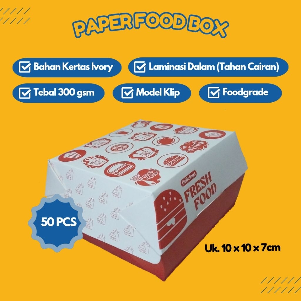 Jual 50 PCS Paper Food Box, Box Burger ukuran 10 x 10 x 7 cm Motif ...