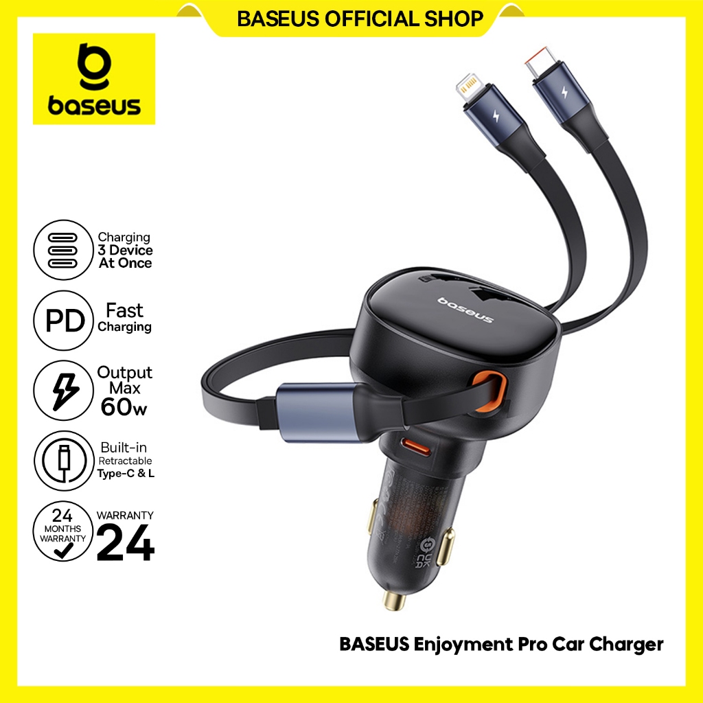 Jual Baseus Car Charger Mobil 2in1 Cable Type-C & iphone Lighting ...