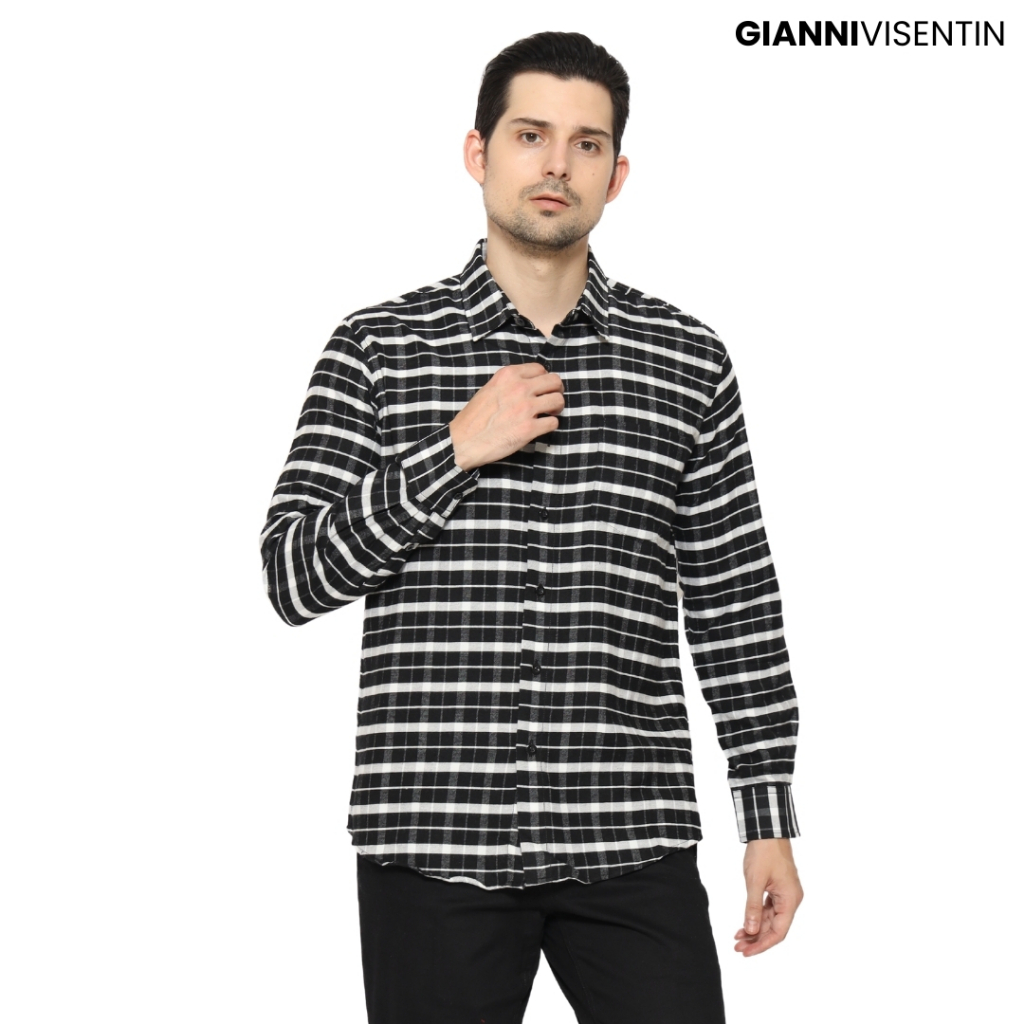 Jual Gianni Visentin Kemeja Flanel Pria Kotak Kecil Slim Fit - Hitam ...
