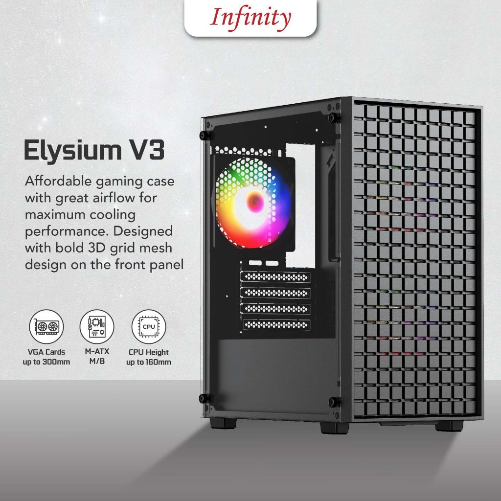 Jual INFINITY ELYSIUM V3 Black + 3 Fan mATX Mesh Case Casing PC ...