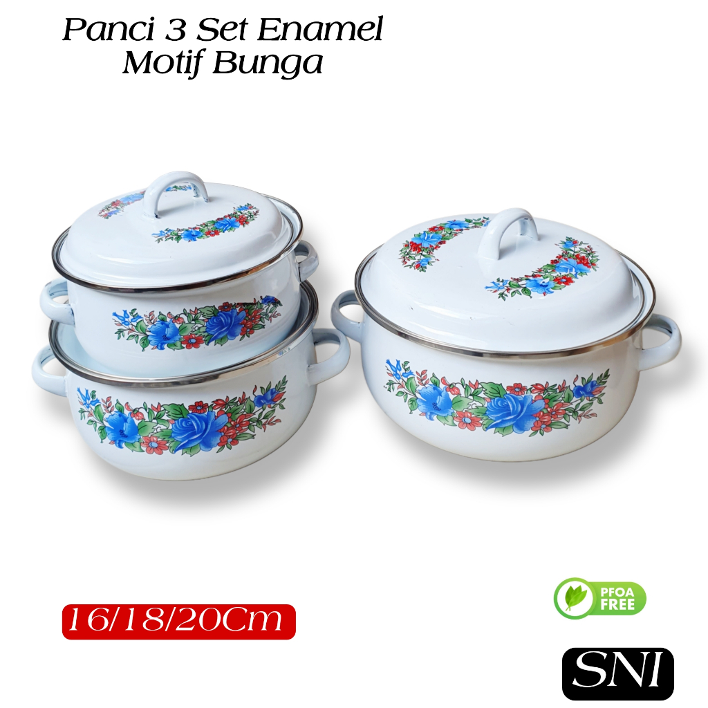 Jual A1 Panci Set Enamel Putih 3 Set Panci Jadul Motif Bunga Merah ...