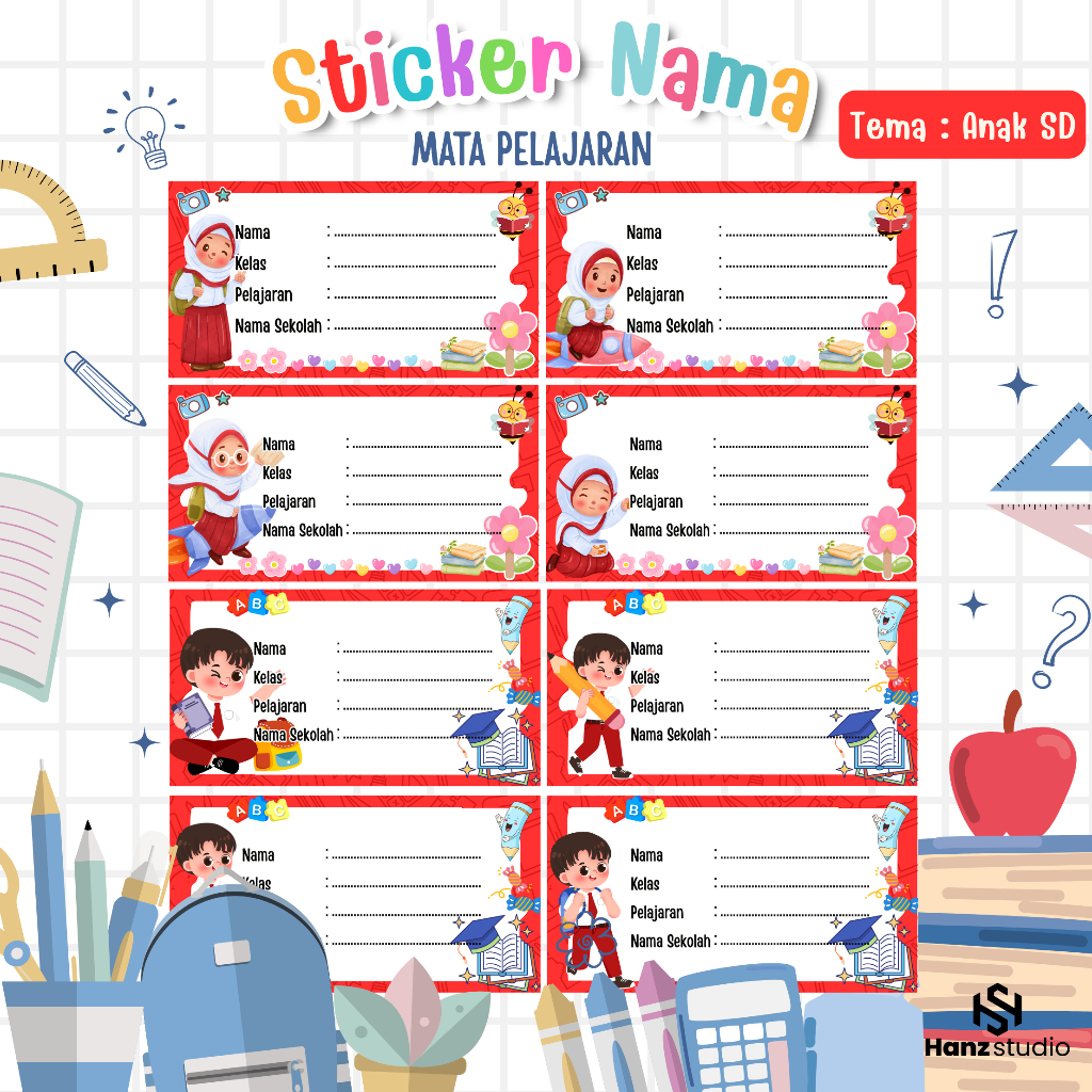 Jual (Isi 44 pcs) Cetak Sticker Nama Mata Pelajaran Anak SD / Stiker ...