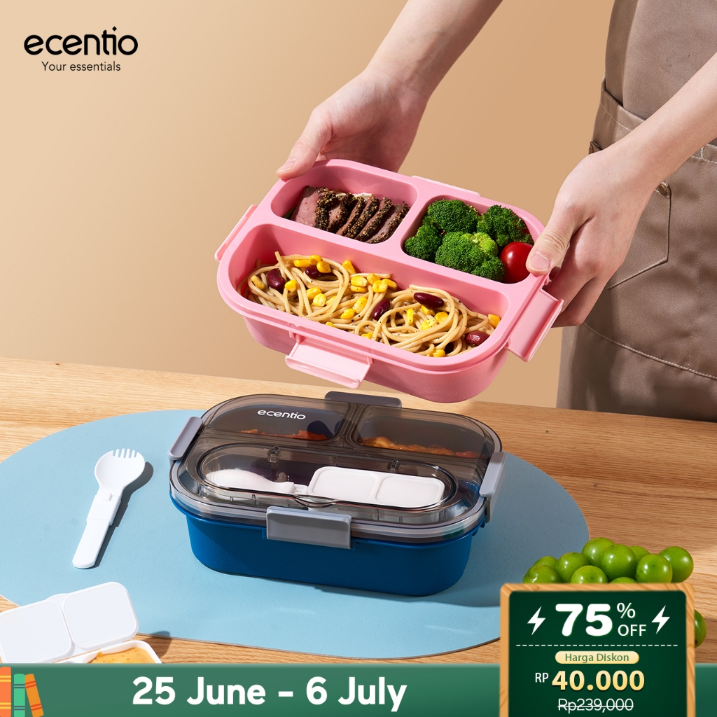 Jual ecentio Tempat Makan Kedap Udara 1100ml 3 Grid kotak bekal anti tumpah PP Tebal BPA FREE ...