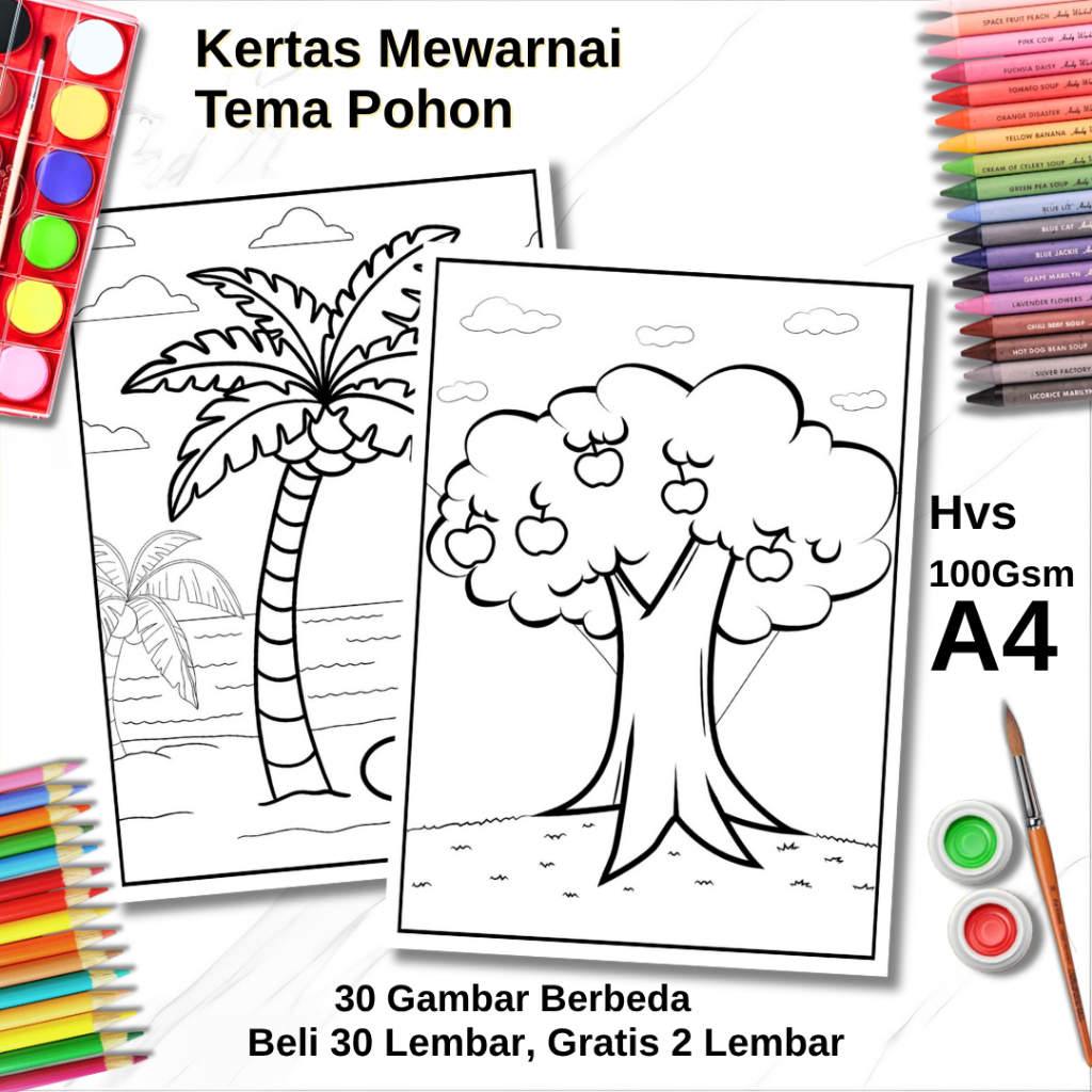 Jual 30 Lembar Kertas Mewarnai Anak / Coloring / Sketsa Tema Pohon ...