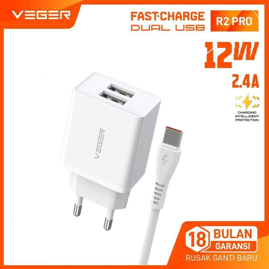 Jual VEGER R2 PRO Charger 12W Dual Port 2.4A + Kabel Micro USB / Type C ...