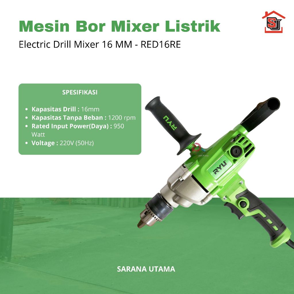 Jual RYU Mesin Drill RED16RE Electric Bor Mixer 16mm Pengaduk Cat Dan ...
