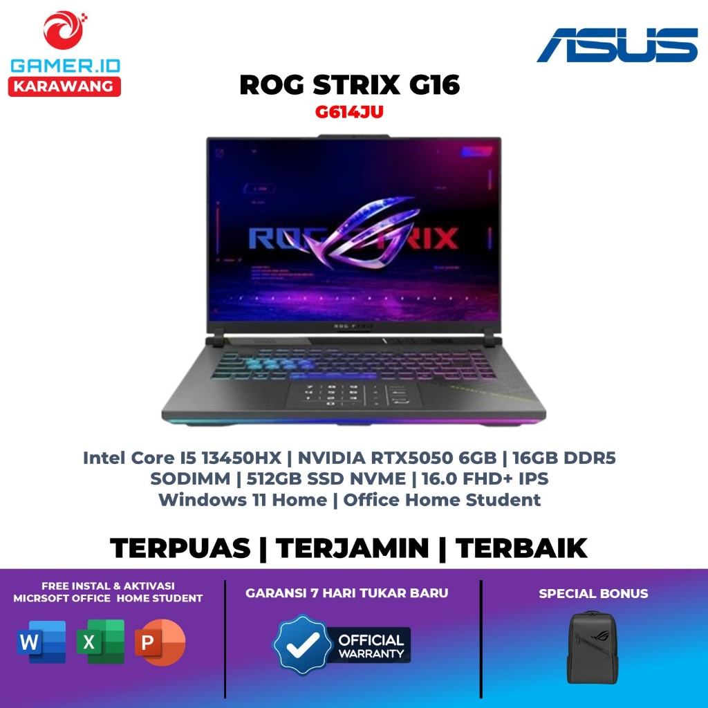 Jual ASUS ROG STRIX G16 G614JU I5 13450HX RTX4050 6GB/ 16GB 512GB W11 ...
