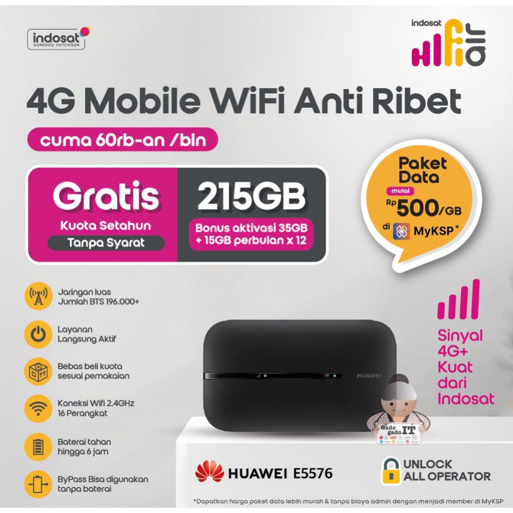 Jual Huawei E5576 Hifi Air MiFi Modem WiFi Router 4G LTE Bundling Indosat 180GB | Shopee Indonesia