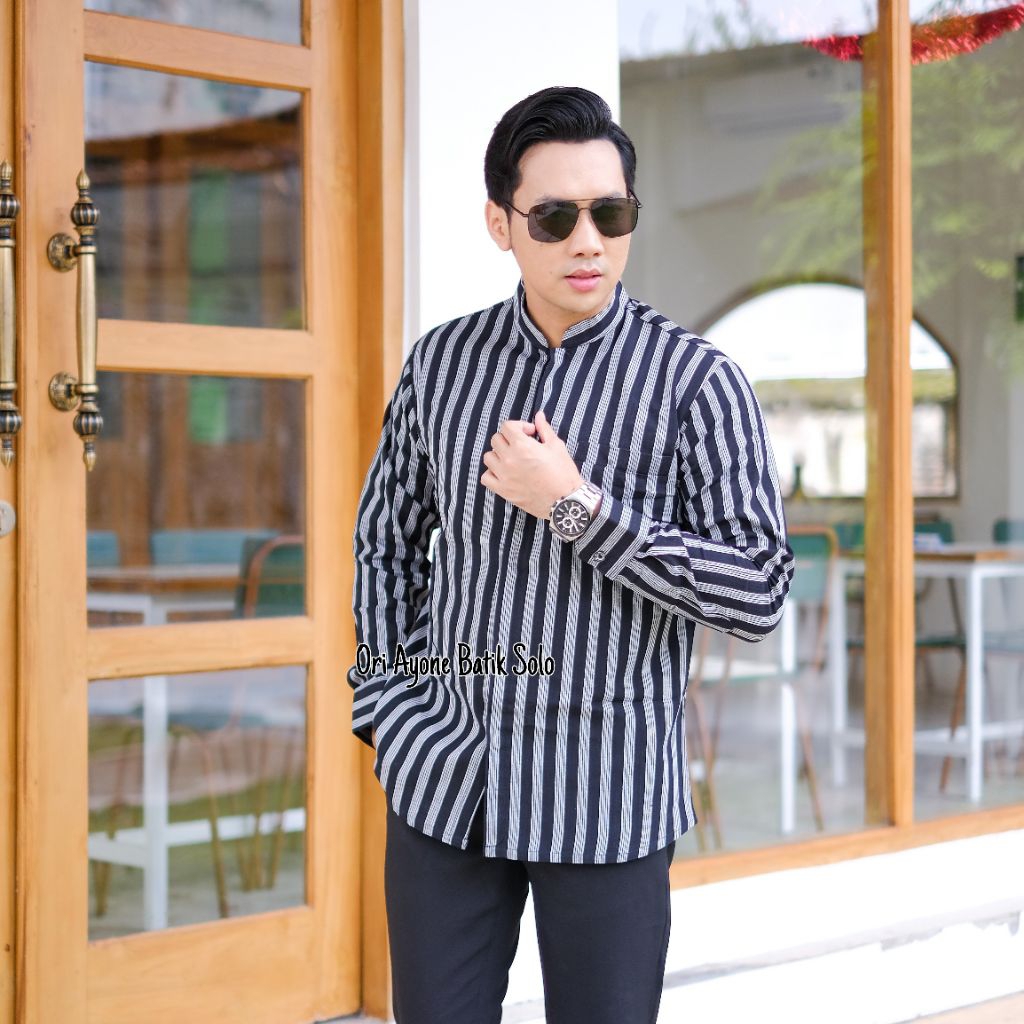 Jual Kemeja Lurik Lengan Panjang Pria Lurik Pria Black Grey Lengan ...